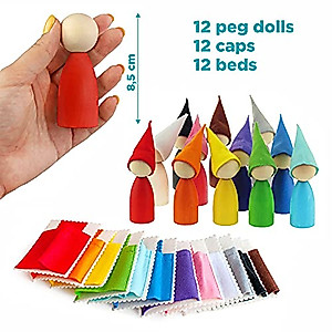 Ulanik Large Peg Dolls with Hats and Beds Toddler Montessori Toys for 3 Year Old + Wooden Waldorf Dolls for Learning Color Sorting and Counting — 12 Gnomes