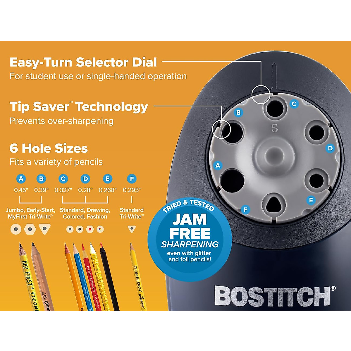 Bostitch Office QuietSharp 6 Electric Pencil Sharpener, Heavy Duty Classroom Sharpener, Size Selector with 6 Different Sizes, Perfect for Classroom and Homeschool Use, Black