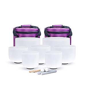 KVKA 7-12 inch Crystal Singing Bowls Set of 7 pcs Quartz Frosted Singing Bowls For Sound Healing with 2 PCS Travel Carry Case Bag (7-12inch, Random frequency)