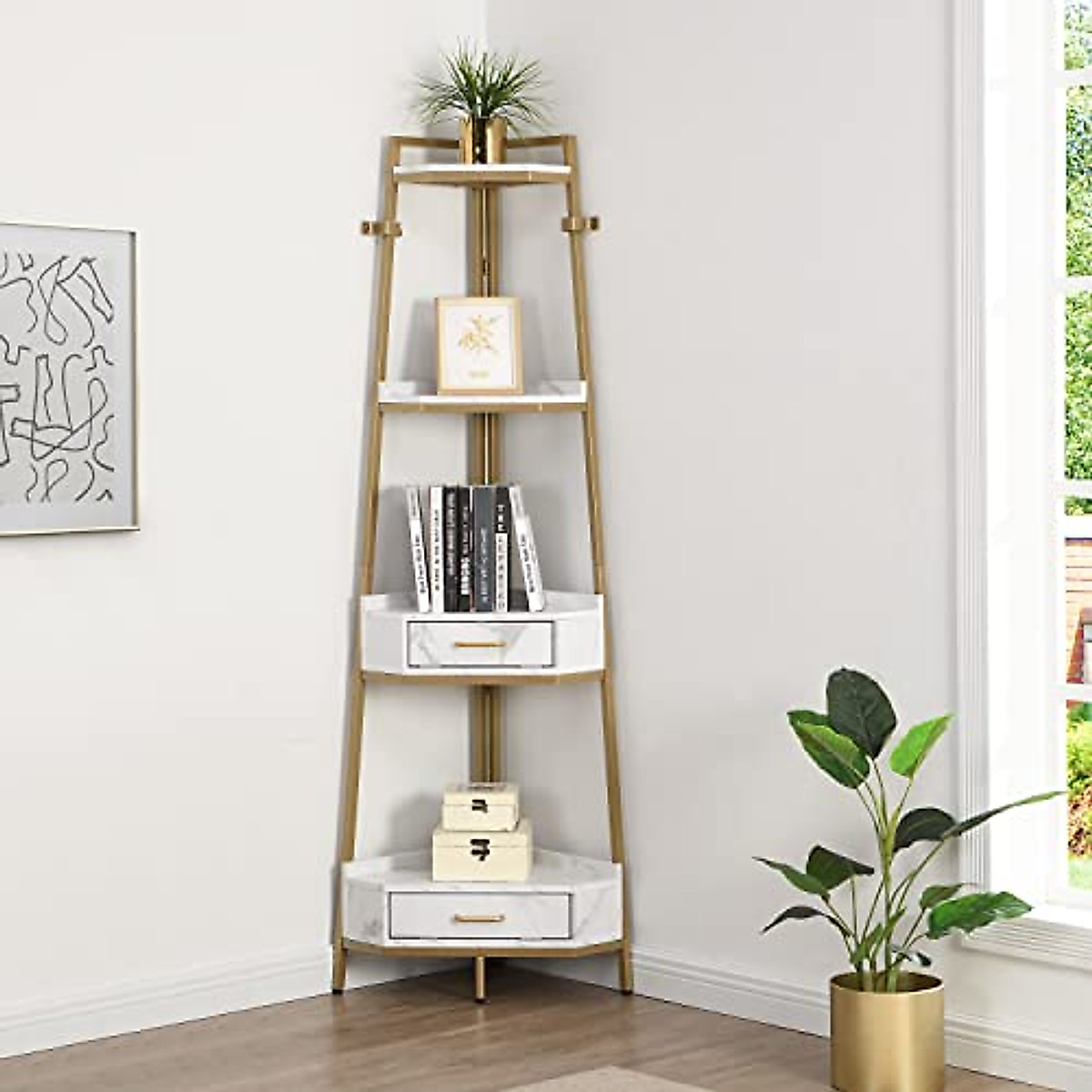 LifeSky Modern Corner Ladder Shelf - 72.64 Inch Tall Corner Shelves - 4-Tier Corner Bookshelf for Living Room White