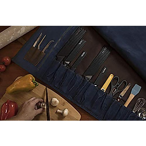 Asaya Waxed Canvas Knife Roll - 15 Knife Slots, Card Holder and Large Zippered Pocket - Genuine Leather, Cloth and Brass Buckles - for Chefs and Culinary Students - Knives Not Included