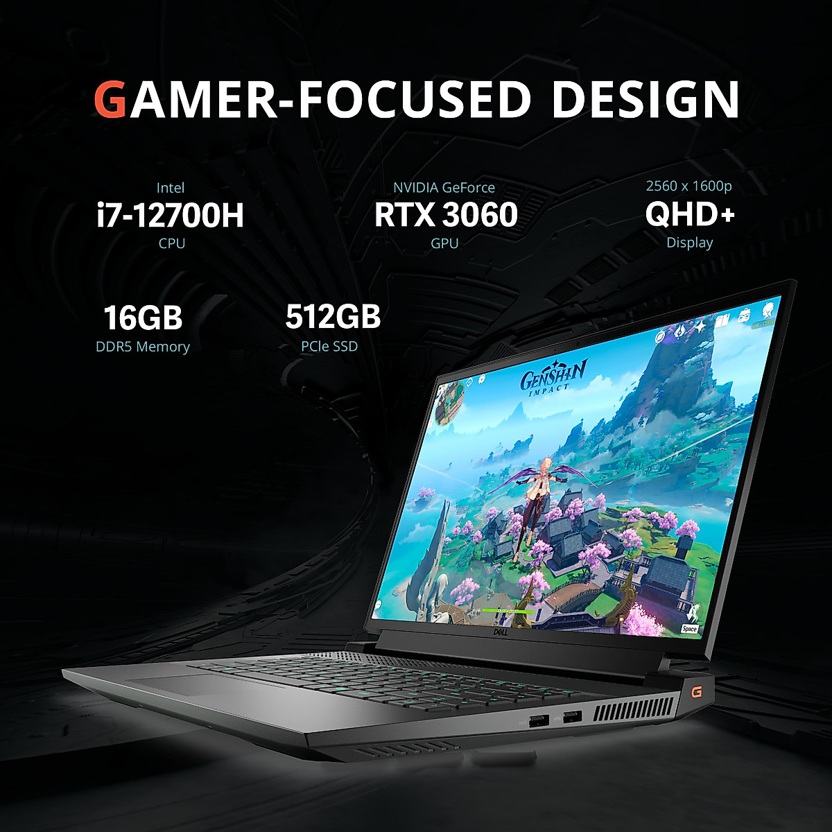 Dell G16 Gaming Laptop, 16'' QHD 165Hz Display, Intel Core i7-12700H, NVIDIA GeForce RTX 3060 6GB GDDR6, 16GB DDR5 RAM, 512GB PCIe SSD, 1 Zone Backlit Keyboard, Win 11 Pro, Black