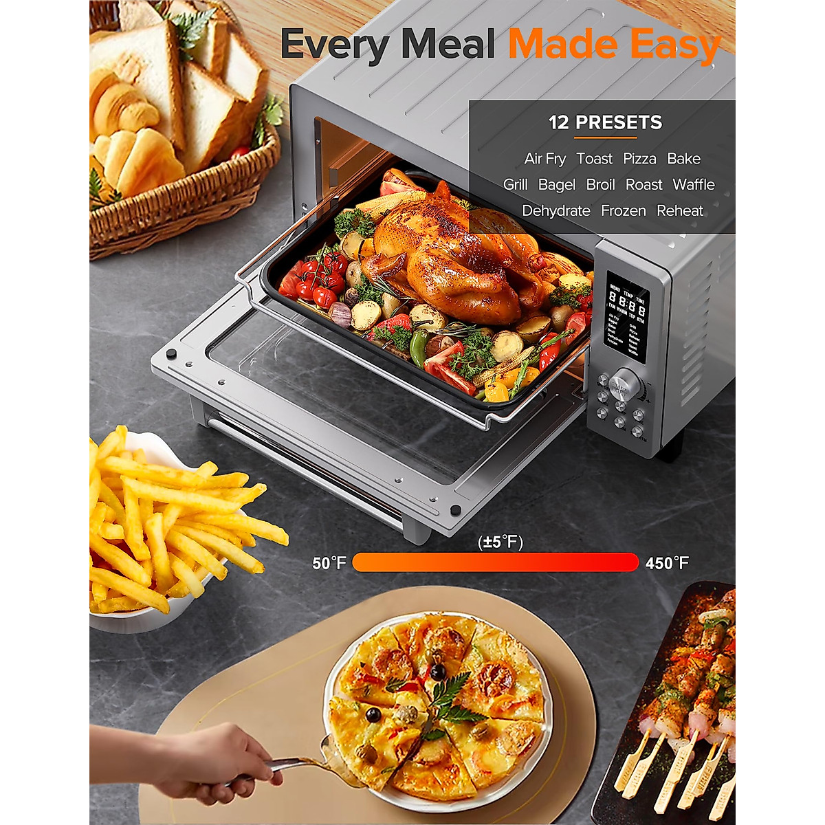Nuwave Bravo Pro Smart 21QT Toaster Oven Air Fryer Combo, Convection Oven Countertop, 12 functions all in 1, with even & quick crisp technology, 50-450°F, 1800W, Stainless Steel