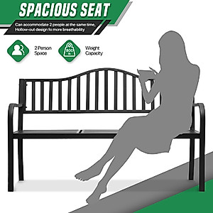 SFIHOME Metal Frame Garden Bench with Folding Table, 59" All-Weather Outdoor Benches for 2 Adults, Patio Bench with Slatted Backrest, Bench for Lawn Yard Porch Entryway, Black