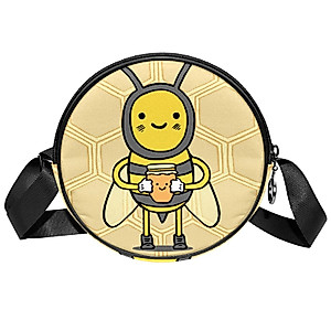 Bee Animal Crossbody Bag for Women Teen Girls Round Canvas Shoulder Bag Purse Tote Handbag Bag