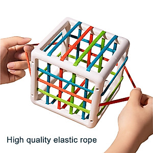 TwKueor Baby Shape Sorting Cube with Kitchen Cutting Fruit Toys, Sensory Bin with Colorful Elastic Rope for Toddlers, Babies and Kids Early Educational Montessori Learning Developmental STEM Toys