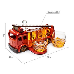 Firetruck Whiskey Decanter with Two 12 oz Glasses Gift Firefighter Gifts, Fireman, Fireman Figurine, Police Gifts, Fire Department Gifts, Gift for Firefighters ! 600ml 13" L 6" H Gifts for Dad