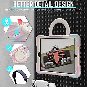 PEPKOO Triple Shockproof Case for iPad 9th/8th/7th Generation 10.2 inch 2021/2020/2019, Air 3rd Generation 10.5”, Rugged Kid Cover with Pencil Holder/Handle Kickstand/Shoulder Strap, Colorful Pink