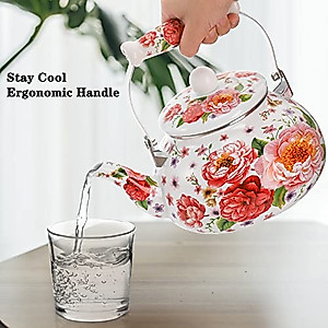 DEAYOU 2.6 Quart Enamel Tea Kettle Stovetop, Large Porcelain Enameled Teakettle, 2.5L Vintage Tea Pot with Ceramic Cool Handle, Colorful Floral Steel Teapot for Hot Water, Retro Decor, No Whistling