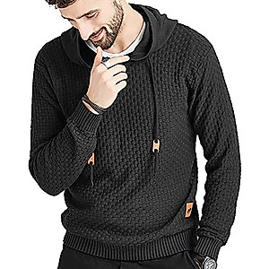 Zaitun Mens Hooded Sweatshirt Long Sleeve Solid Knitted Hoodie Pullover Sweater Black