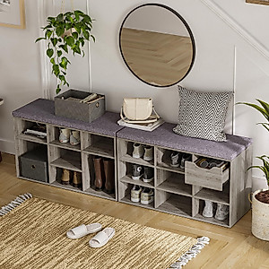 DINZI LVJ Shoe Bench, Entryway Storage Bench with Drawer and 8 Cubbies, Cubby Shoe Rack with Adjustable Shelves, Shoe Organizer Cabinet for Living Room, Bedroom, Mudroom, Closet and Garage, Grey Wash