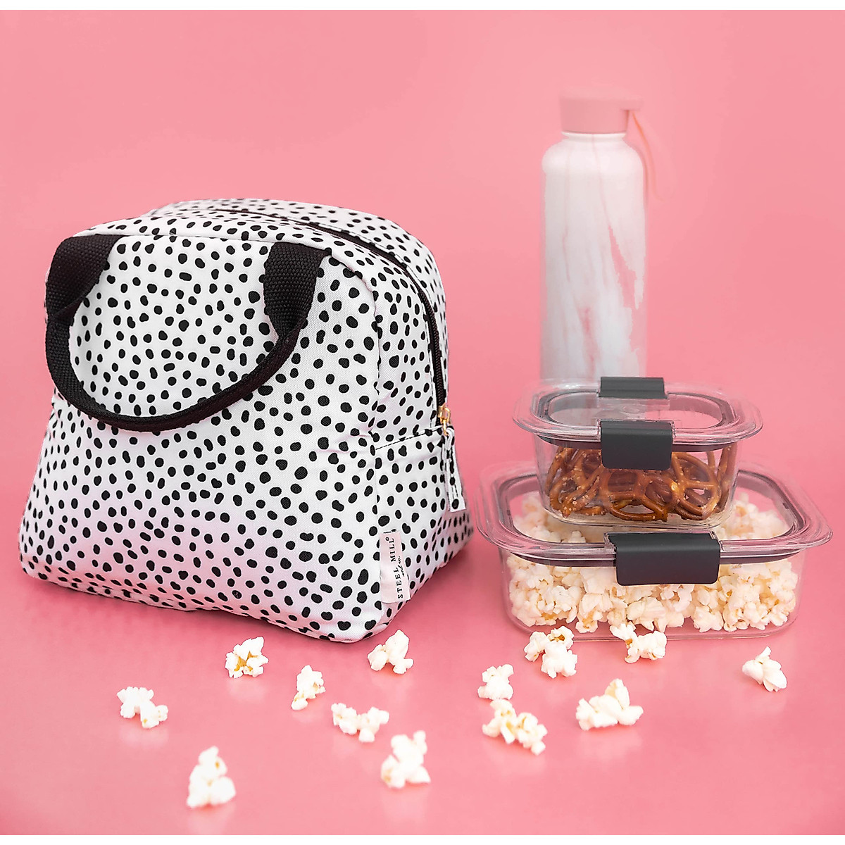 Steel Mill & Co Insulated Lunch Bag, Large Capacity Lunch Tote, Cute Lunch Box for Women, Mini Cooler with Zipper Closure, Pockets, and Sturdy Handles, Black Dots