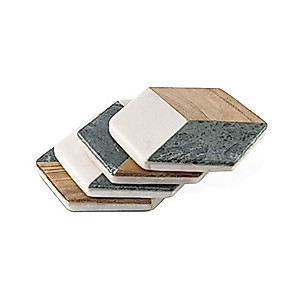 GoCraft Hexagon Geometric Coasters | Handcrafted Geometric Coasters with Green for Your Drinks, Beverages & Wine/Bar Glasses | Green Marble & Wood Inlay on White Marble Base (Set of 4)
