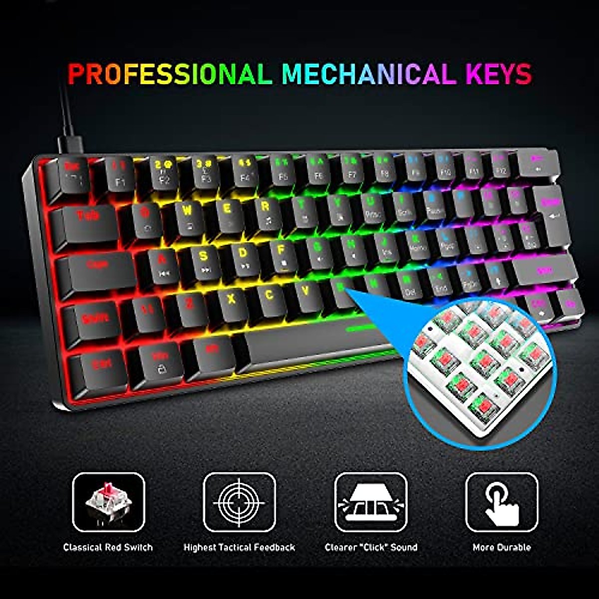 60% Wired Mechanical Gaming Keyboard and Mouse Combo,Ultra-Compact Mini 62 Keys,Type C Chroma 20 Rainbow Backlit Effects,RGB Backlit 6400 DPI Lightweight Gaming Mouse with Honeycomb Shell for PC/Mac