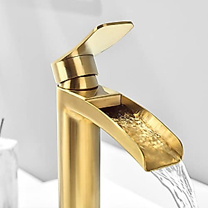 Brushed Gold Single Hole Bathroom Faucet, Waterfall Single Handle Modern Bathroom Faucet, Tall Vessel Bathroom Faucet with Pop Up Drain and Water Supply Line by Phiestina, NS-SF01-BG-V