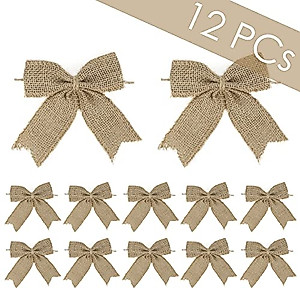 AIMUDI Natural Burlap Bows Rustic Gift Bows Christmas Wreath Bows 4 Inch Handmade Small Burlap Farmhouse Bows for Crafts Gift Wrapping Christmas Tree Wedding Home Decor Thanksgiving - 12 Counts