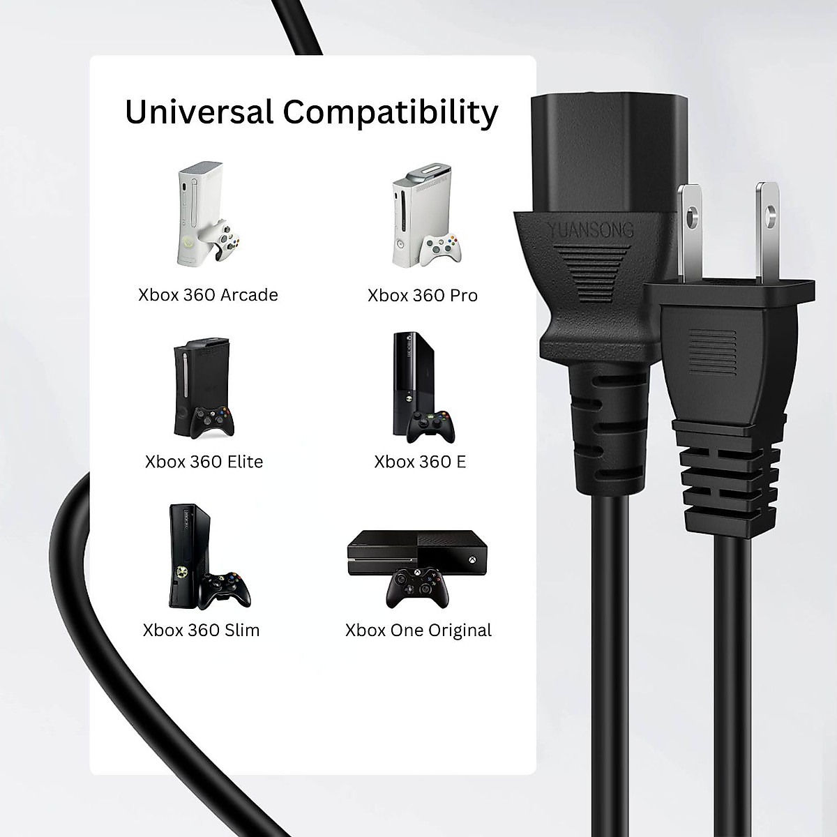 TNP 2 Prong Power Cord for Xbox 360 (6 ft) Compatible with PS4 Pro, Xbox One Original, Xbox 360 Slim/Pro/E/Elite/Arcade/Jasper/Falcon - Black 2 Prong AC Power Cord Cable Replacement