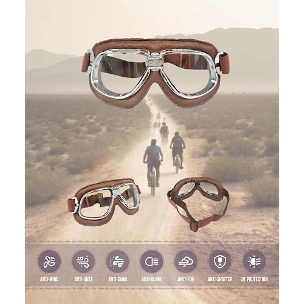 CRG Sports Motorcycle Goggle Aviator Pilot Style Cruiser Scooter Motocross Goggles for Men, Women, Adults