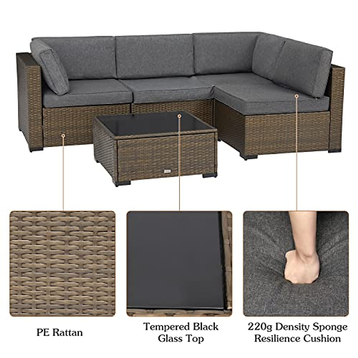 Kinsunny 5 PCs Outdoor Rattan Patio Furniture Set Wicker Conversation Set with Coffee Table Furniture Sectional Set for Garden Lawn Backyard