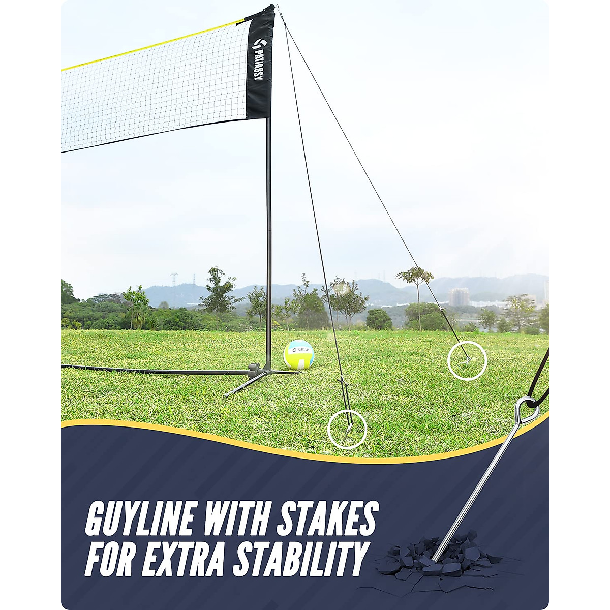 Patiassy 5.1ft-7.4ft Adjustable Height Volleyball Badminton Net Set 17ft Portable Sports Net with Poles, 4 Badminton Rackets, 3 Shuttlecocks and 1 Volleyball for Indoor Outdoor
