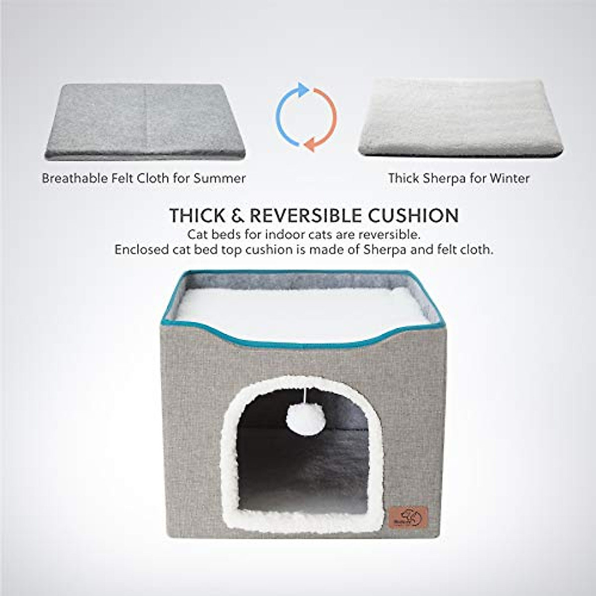 Bedsure Cat Beds for Indoor - Large Cat Cave for Pet House with Fluffy Ball Hanging and Scratch Pad, Foldable Hideaway,16.5x16.5x14 inches, Grey