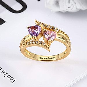Lam Hub Fong Mom Ring Sterling Silver Personalized 2 Birthstones Rings for Women Custom Name Ring Gold Promise Rings for Her Christmas Gifts for Grandmother Wife New Mom