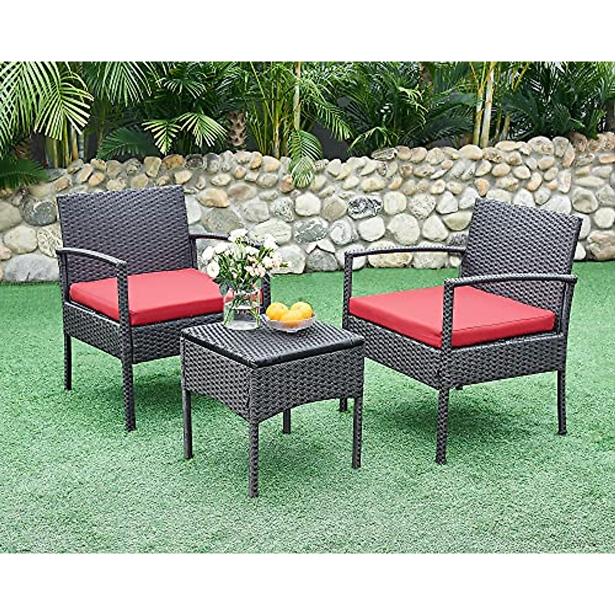 Outdoor Chairs Set Bistro Set 3 Pieces Patio Conversation Set Furniture Set for Small Balcony Rattan Chairs and Table with Cushions Red