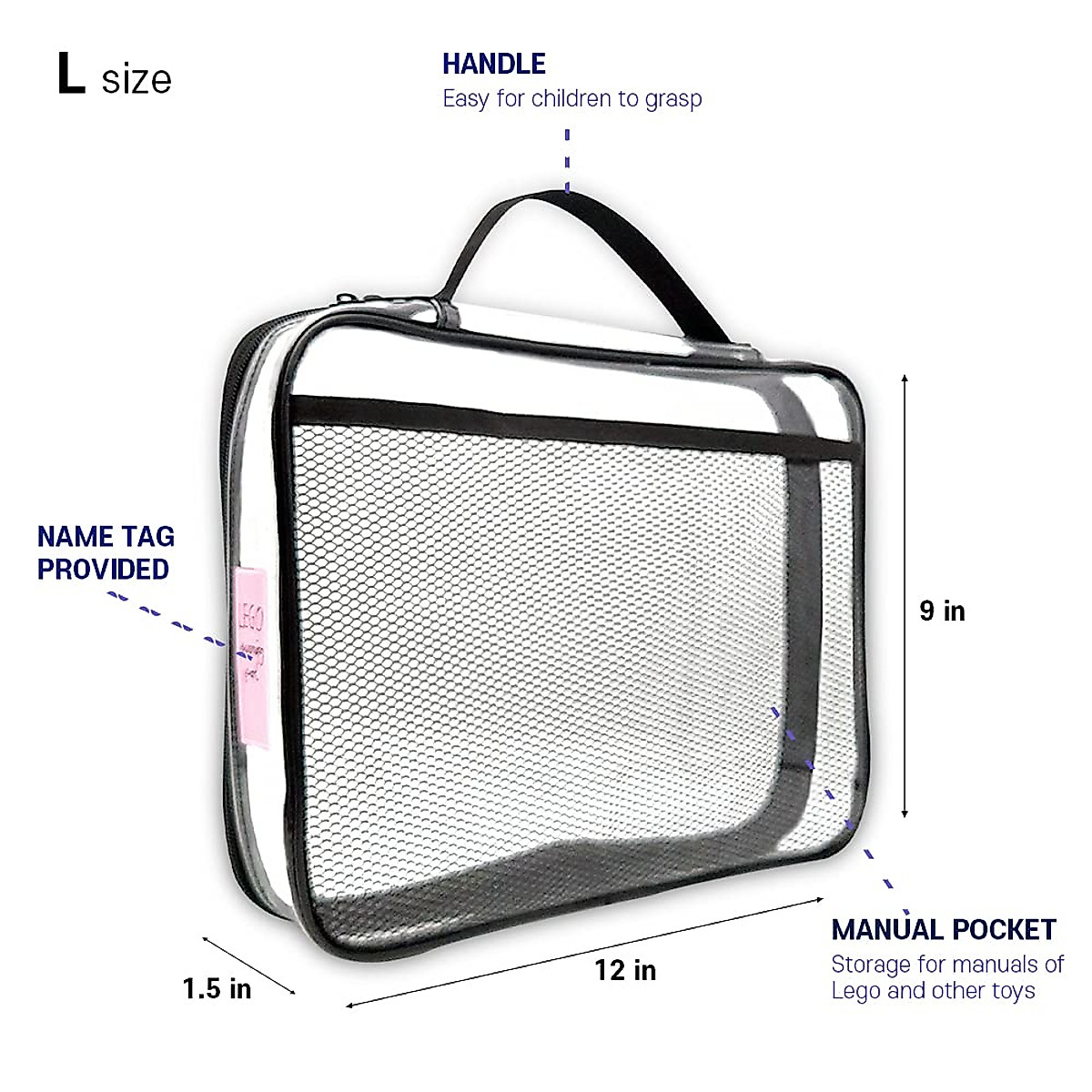 Holay 4 Packs PVC Zippered Blocks Set, Toy, Clay Storage Organizer Case (Name Tag, Manual Pocket) (4 Large)