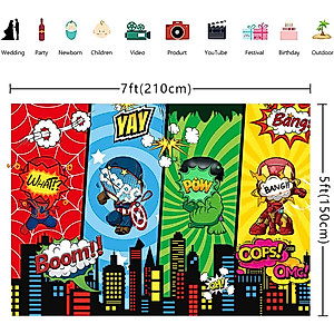 Cartoon Super Heros Backdrop Birthday Decorations City Hero Themed Film Fans Kids Family Party Decor Cake Table Photography Background Photo Booth Props (7x5FT(210x150cm))