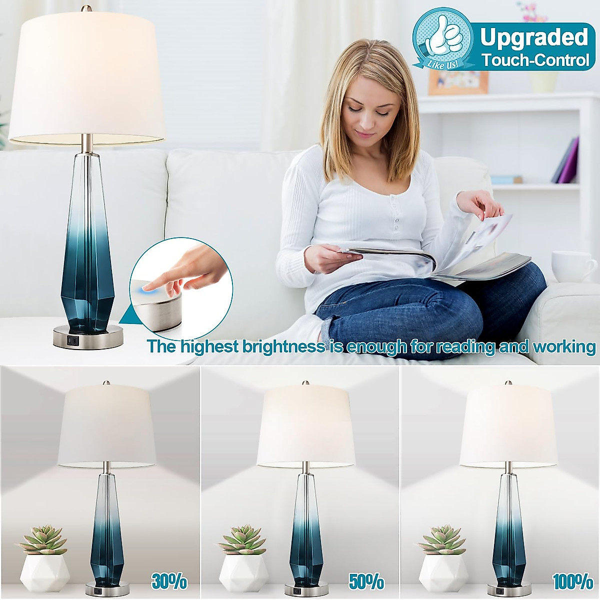 Modern Table Lamps Set of 2, 28" Teal Tall Lamp with USB C+A, Blue Glass Lamp Coastal Lamps with Linen Shade, Nightstand Bedside Lamps for Living Room End Table Buffet Lamps