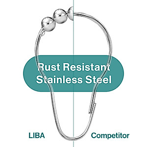 LiBa Shower Curtain Rings Hooks Rustproof Stainless Steel Nickel Chrome Plating for Bathroom Shower Curtain Rods- Set of 12
