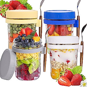 EOUOBOMO Overnight Oats Containers w. Lids and Spoons,Overnight Oats Mason Jars w.Airtight Lids for Milk,Oatmeal Glass Mason Jars w. Measurement Marks for Cereal On The Go Containers,12oz,Set of 4