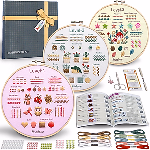 Bradove Beginner Embroidery Kit for Adults Kids, Learn to Embroider 37 Stitches and 13 Cute Patterns, Stitches Kit, Bead Embroidery Kit, Beginner Embroidery Practice