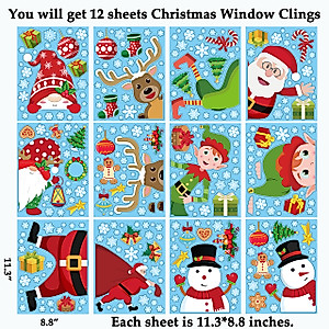 90shine 314PCS Christmas Decorations Window Clings - Xmas Holiday Snowflake Santa Elf Reindeer Gnome Peeking Decals, Winter Wonderland Party Supplies Decor, 12 Sheets