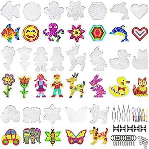 20 PCS 5mm Fuse Beads Boards Clear Plastic Fuse Beads Pegboards with 20 Colorful Cards, 4 Tweezers, 10 Hang Ropes, 10 Keychains, 20 Small Hoops and 10 Holders for Kids DIY Craft Beads
