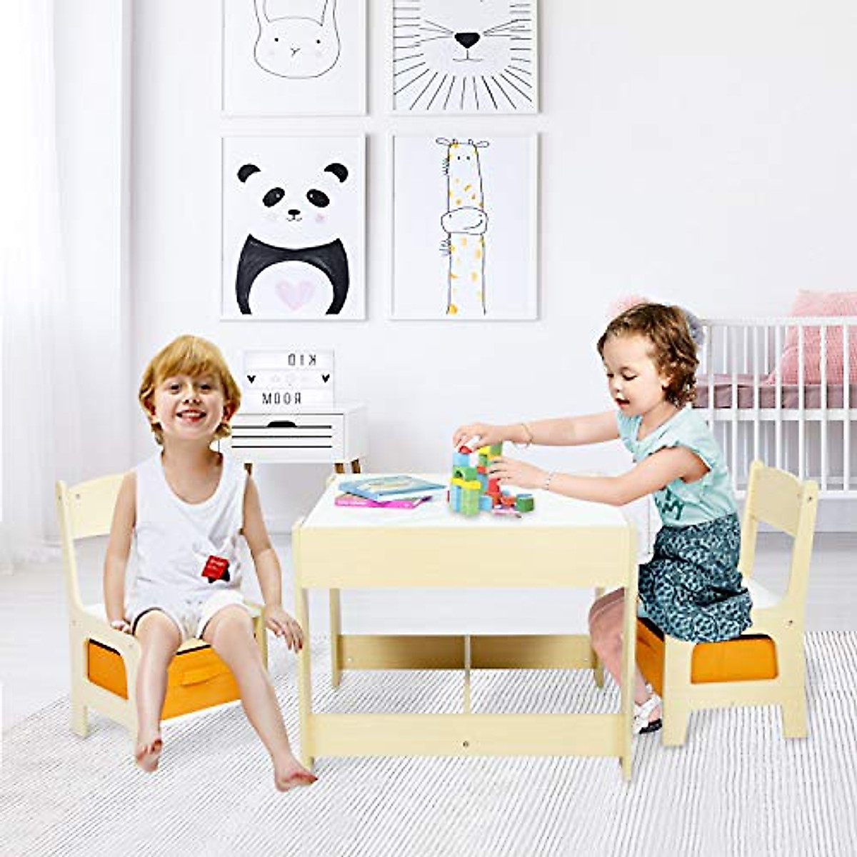 Kinfant Toddler Table and Chair Set - Activity Table for Toddlers with Double Side Detachable Tabletop, 3 in 1 Wood Activity Table for Toddlers Arts, Crafts, Drawing & Reading (Orange)