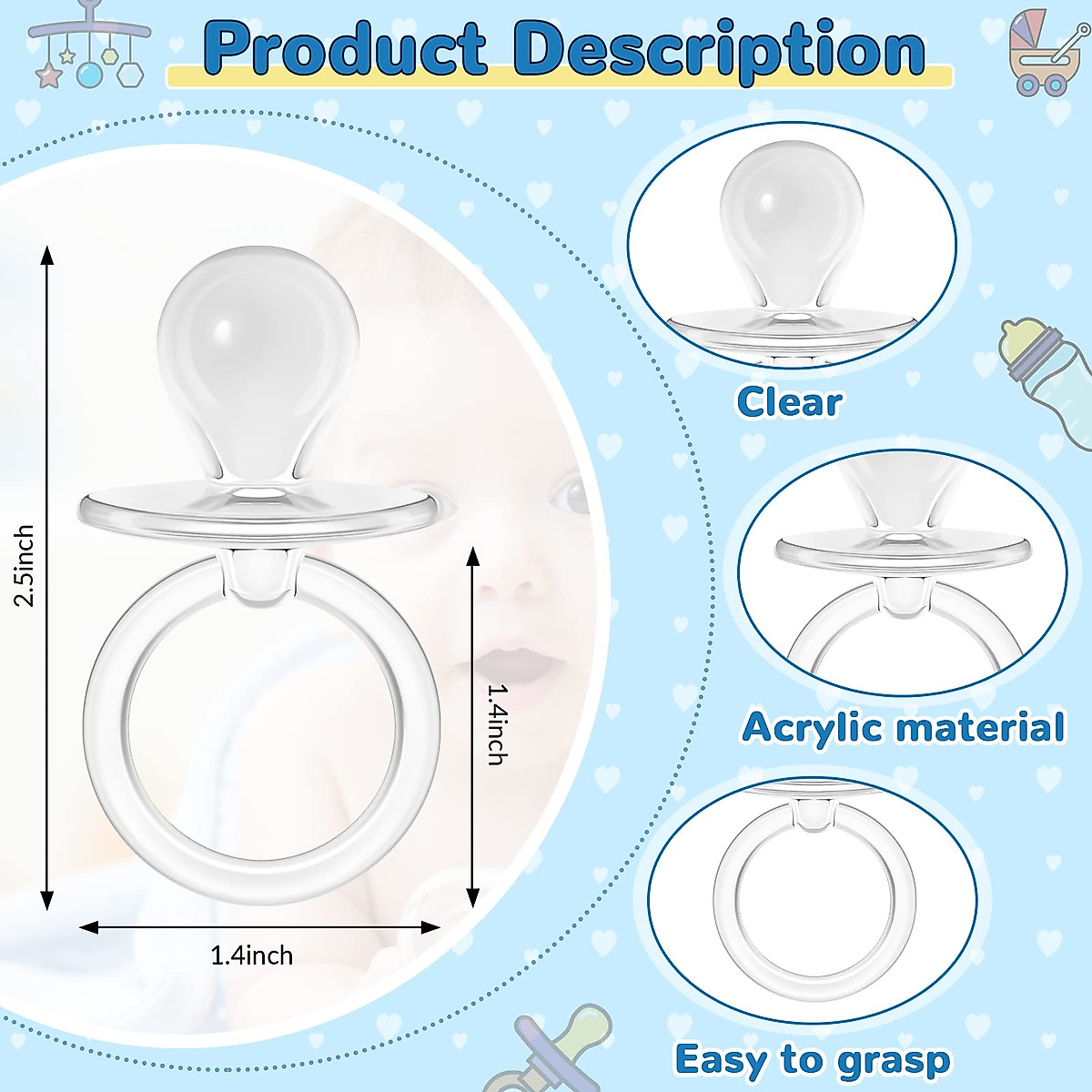 48 Pieces 2.5 Inch Acrylic Baby Pacifiers Baby Shower Favors Gender Reveal Party Decorations for DIY Baby Shower Birthday Party Favors (Clear)