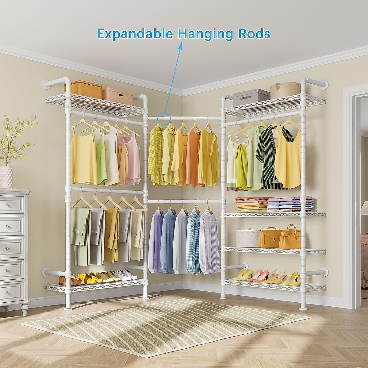 Timate F3 Garment Rack Heavy Duty Clothes Rack for Hanging Clothes, Expandable Industrial Pipe Wall Mounted Clothing Rack, Adjustable Storage Closet Wardrobe Closet Kit Walk in Closet Systems, White