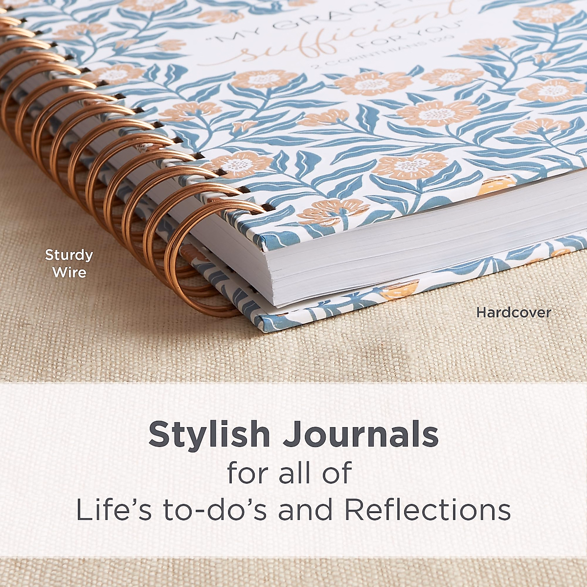 Christian Art Gifts Journal w/Scripture My Grace Is Sufficient For You 2 Corinthians 12:9 Bible Verse Gold Floral 192 Ruled Pages, Large Hardcover Notebook, Wire Bound