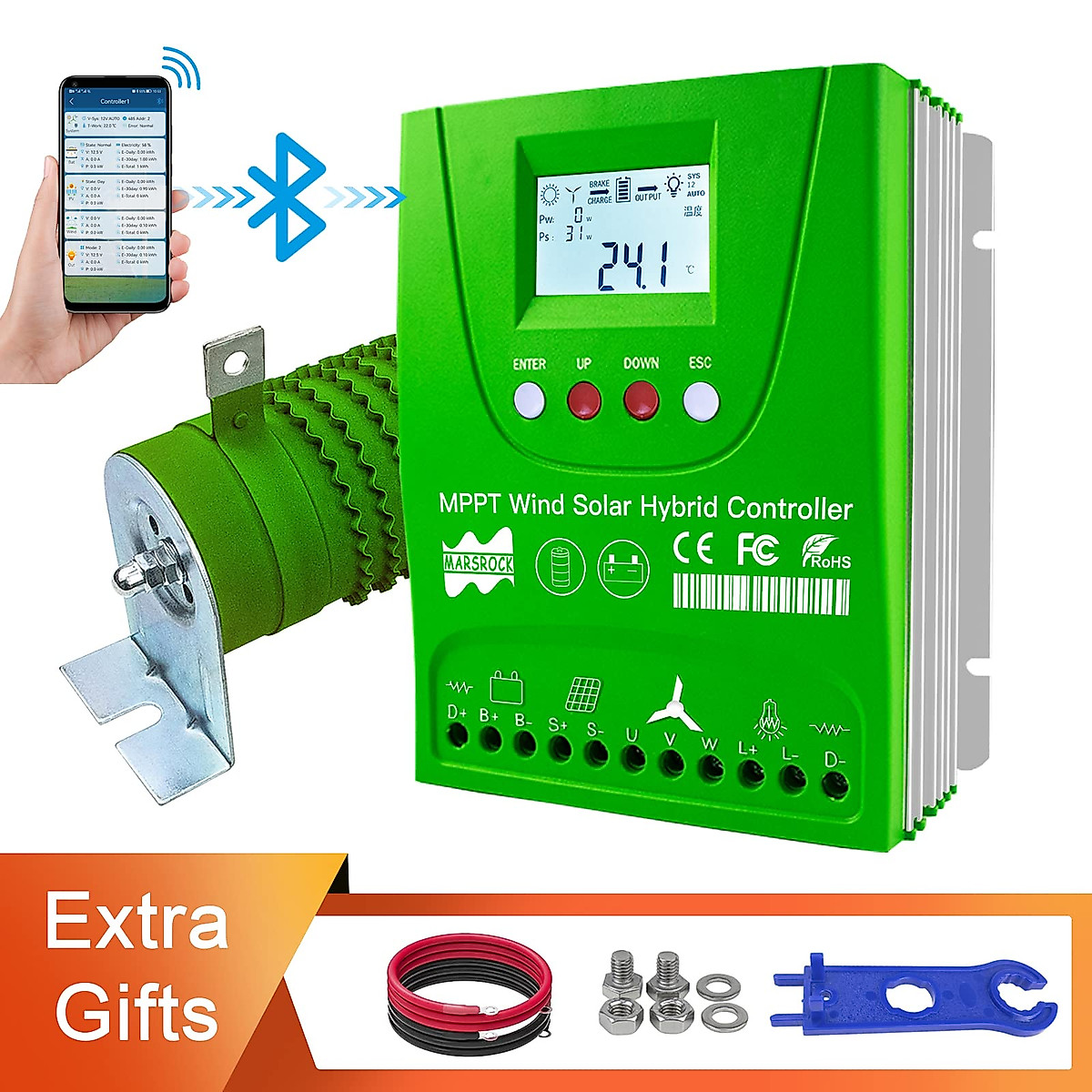 Mars Rock 2000w Regulator Max Wind 1000w Max Pv 1000w Mppt Wind Solar Hybrid Controller Bluetooth Android App