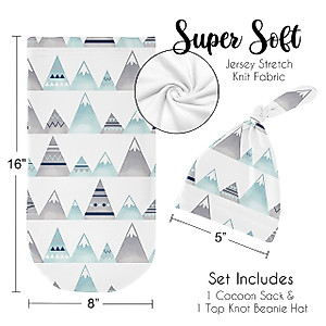 Sweet Jojo Designs Mountains Baby Boy or Girl Cocoon and Beanie Hat 2pc Set Jersey Stretch Knit Sleeping Bag for Infant Newborn Nursery Sleep Wrap Sack - Navy Blue, Aqua and Grey Watercolor Aztec