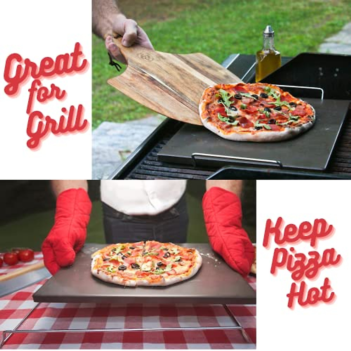 Advanced Pizza Stone for Oven and Grill - Ceramic Coated Non Stick with Wooden Pizza Peel Paddle & Pizza Cutter Set - Detachable Serving Handles - BBQ Grilling Accessories - 15" Large Stone