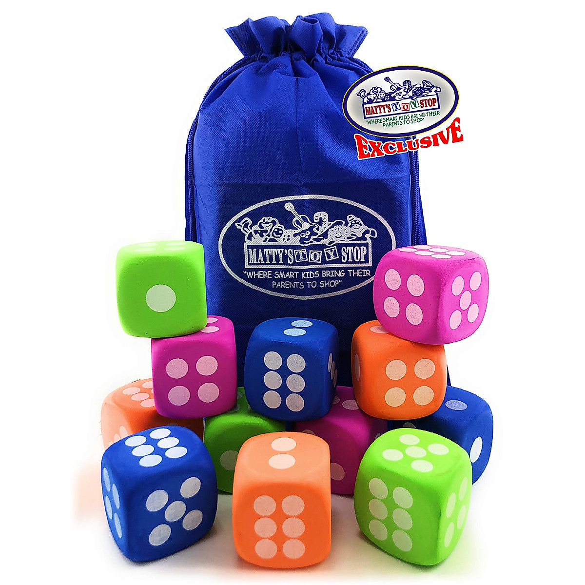 Deluxe Large 2.25" EVA Foam Dice (Pack of 12) with Bonus Matty's Toy Stop Storage Bag