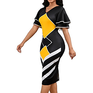 Women's Sexy Church Dress V Neck Short Ruffles Sleeve Clubwear Elegant Pencil Bodycon Midi African Ladies Dresses Black