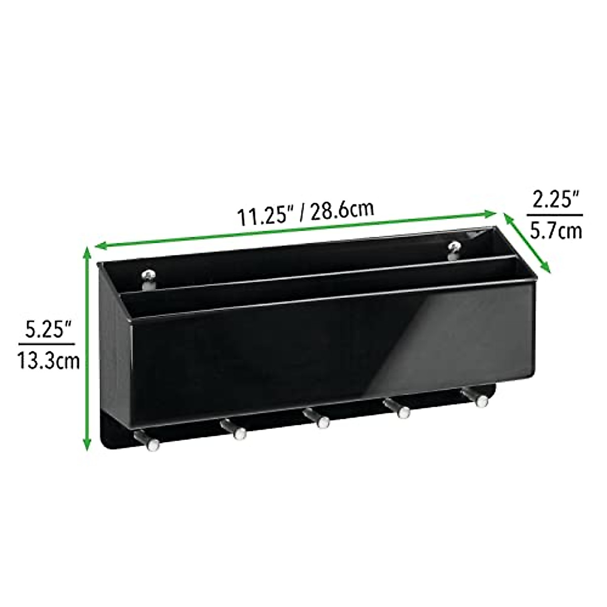 mDesign Wall Mount Plastic Divided Mail Organizer Storage Basket - 2 Sections, 5 Metal Peg Hooks - for Entryway, Mudroom, Hallway, Kitchen, Office - Holds Letters, Magazines, Coats, Keys - Black