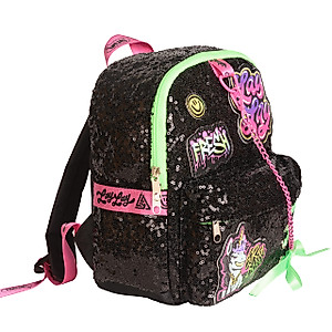 That Girl LayLay Mini Backpack PURSE for Girls, 10 inch, Sequin Material with Lace Up Grommet Details & Appliqued Patches, Adjustable Shoulder Straps, Light Weight Travel bag for kids