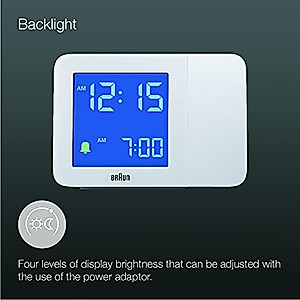 Braun Digital Projection Alarm Clock with 4 Backlight Options, Negative LCD Display, Quick Set, Beep Alarm in White, Model BC15W