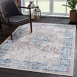 Bloom Rugs Caria Washable Non-Slip 3x5 Rug - Beige/Ocean Blue Traditional Area Rug for Living Room, Bedroom, Dining Room, and Kitchen - Exact Size: 3' x 5'