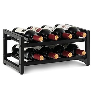 Giantex 2-Tier Metal Wine Rack Freestanding Counter Black, 8-Bottle Industrial Countertop Wine Rack, Freestanding Wine Holder for Tabletop, Cabinet, Small Wine Bottle Holders Stands for Counter
