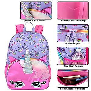 Emma & Chloe Waterproof Holographic Rainbow Unicorn Backpack with Horn for Girls for Elementary, Middle School (Starlight Twinkle Berry)